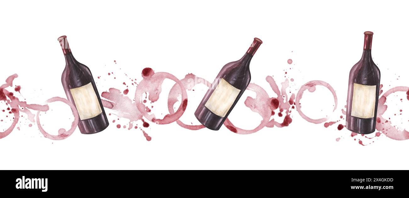 Red Wine bottle with splatters and splashed seamless border. Hand drawn ...