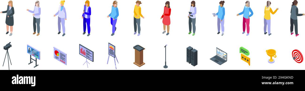 Female presenter icons set isometric vector. Woman casual. Character ...