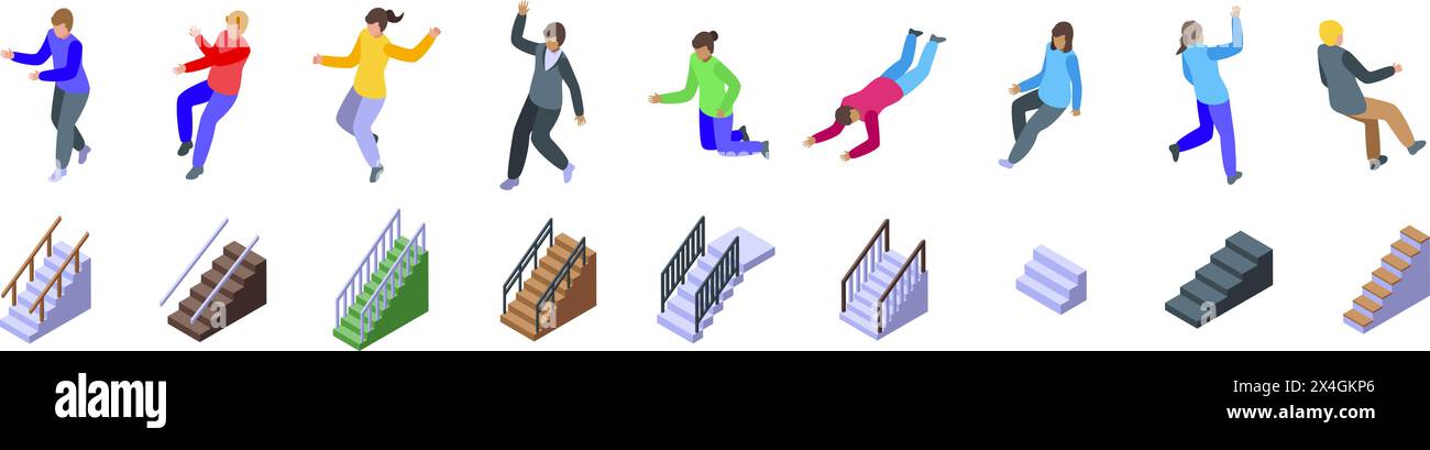 People falling down stairs icons set isometric vector. Health insurance ...