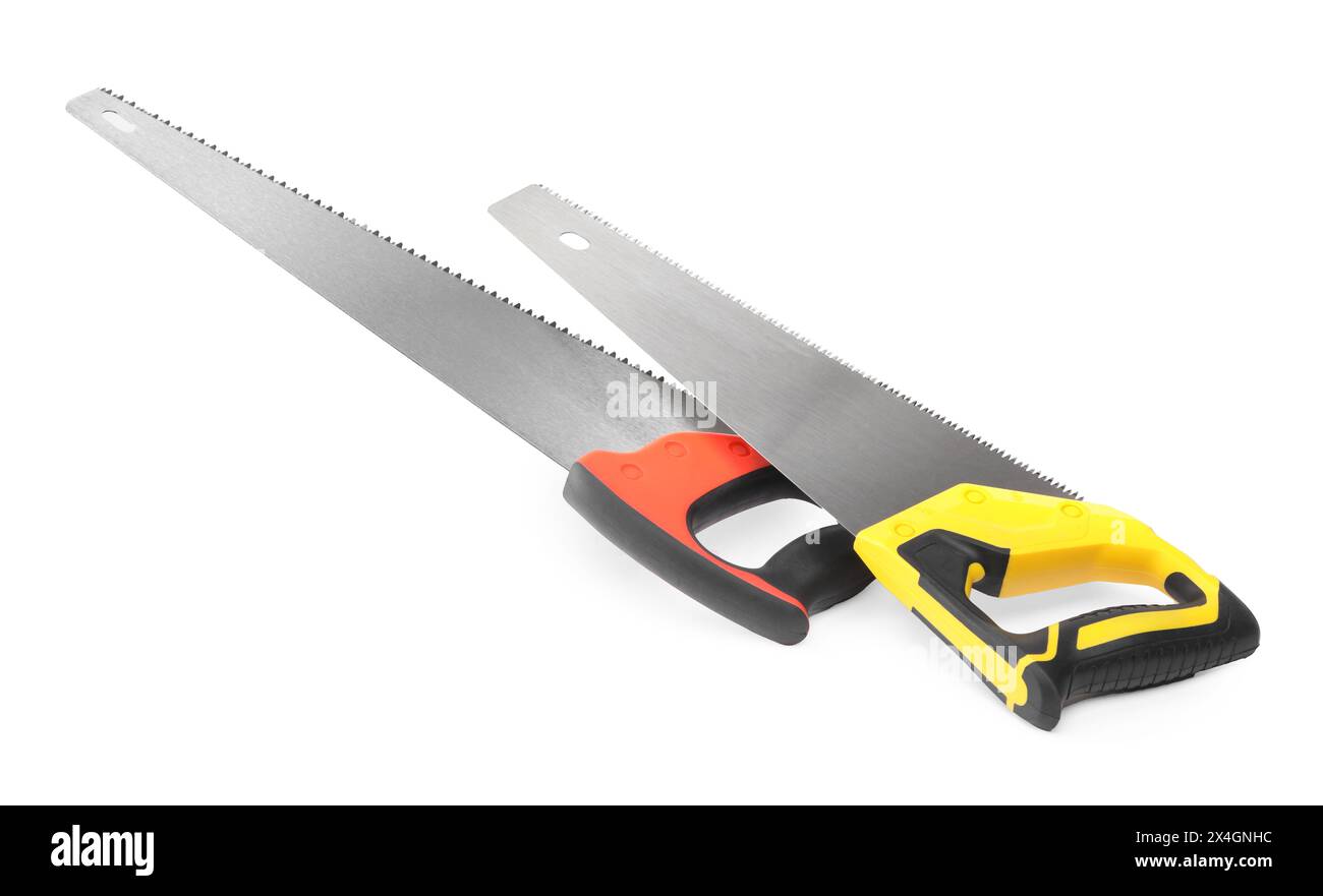 Saws with colorful handles isolated on white Stock Photo - Alamy