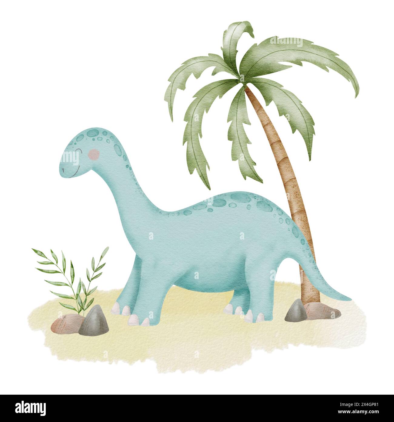 Dinosaur Diplodocus Watercolor illustration. Cute little Dino with palm ...