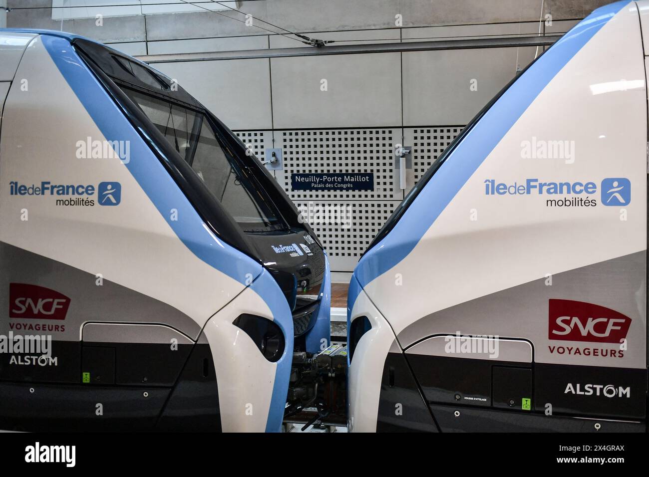 This photograph shows the new train of the Regional Express Network (RER) Eole line during the ...