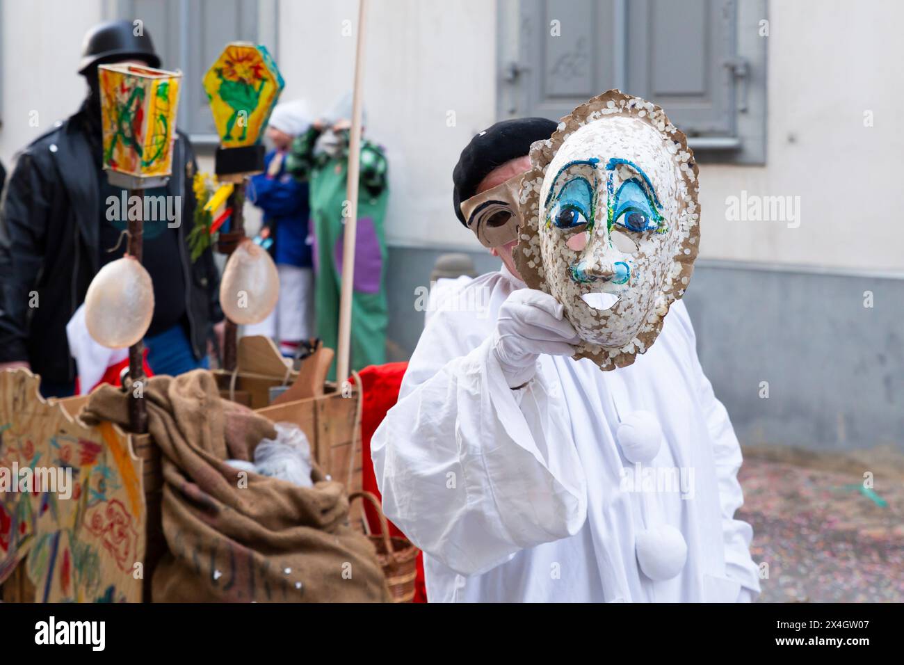 Basel, Switzerland - February 20st 24. Carnival participant in white ...