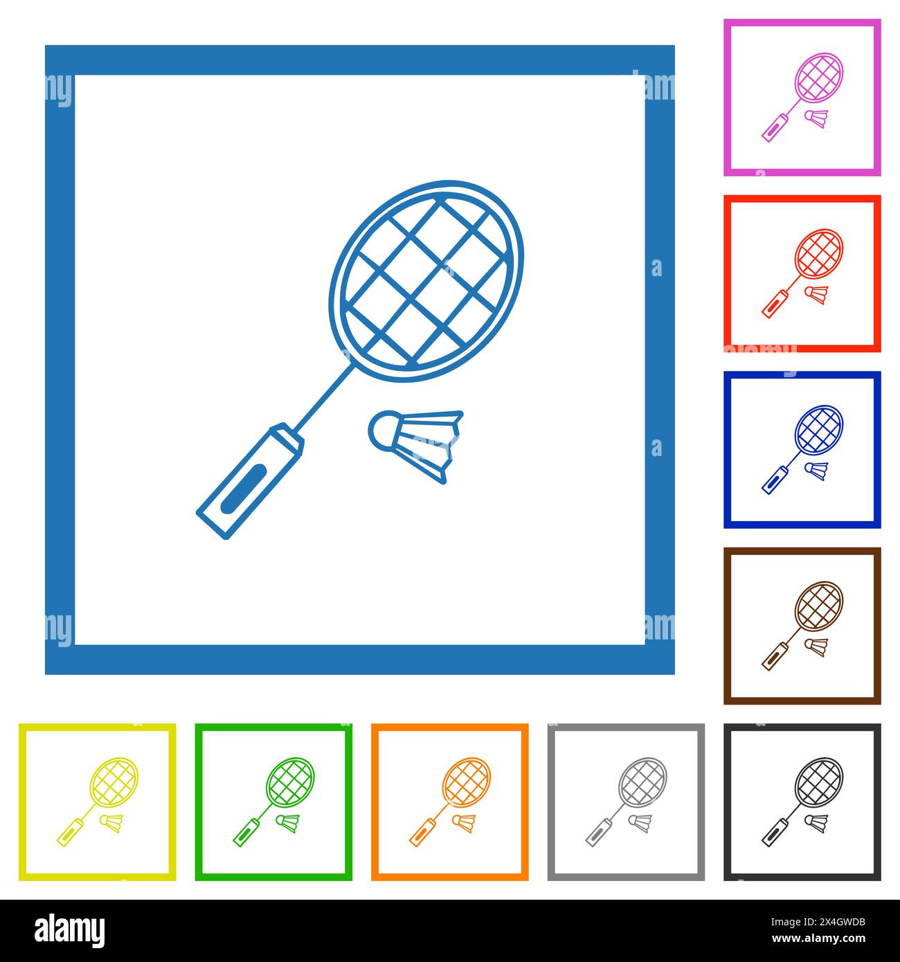 Badminton racket and shuttlecock outline flat color icons in square ...