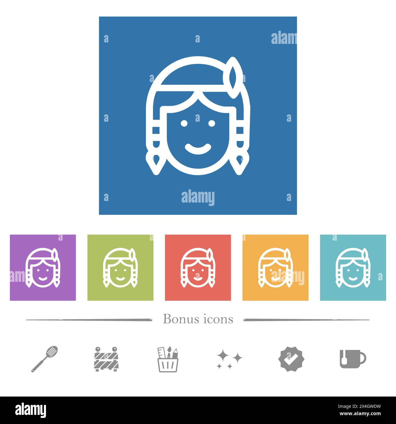 Native american avatar outline flat white icons in square backgrounds ...