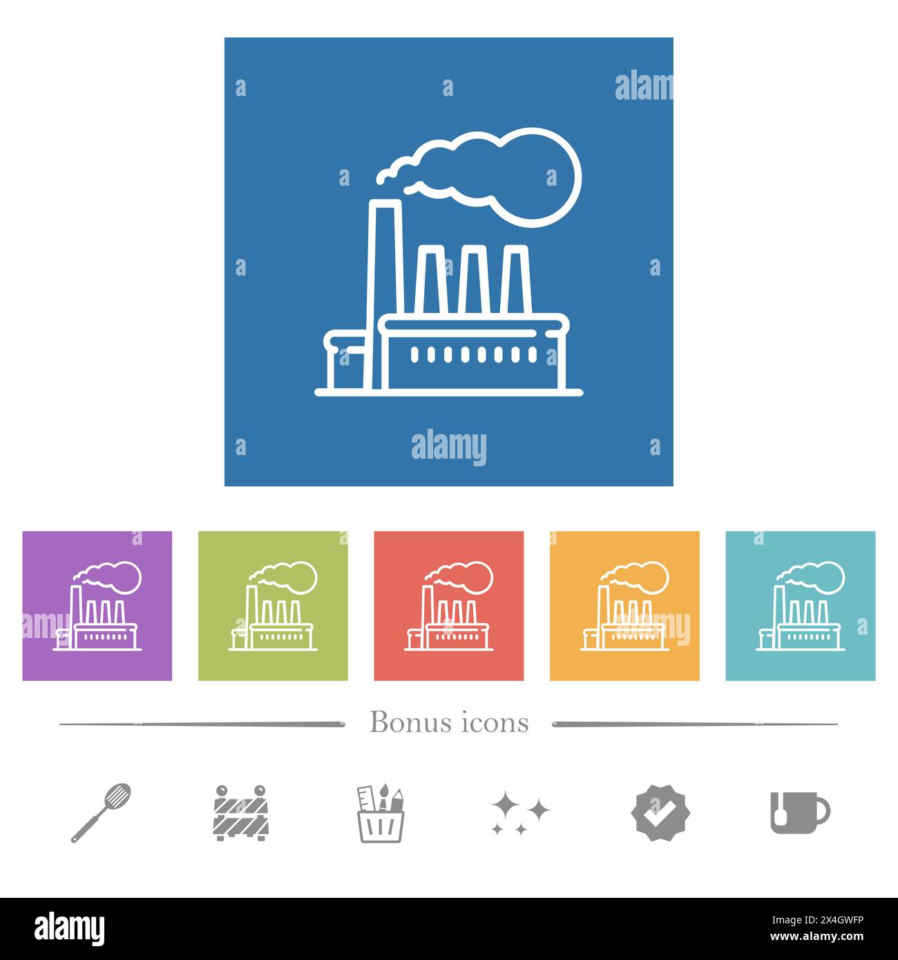 Factory building outline flat white icons in square backgrounds. 6 ...