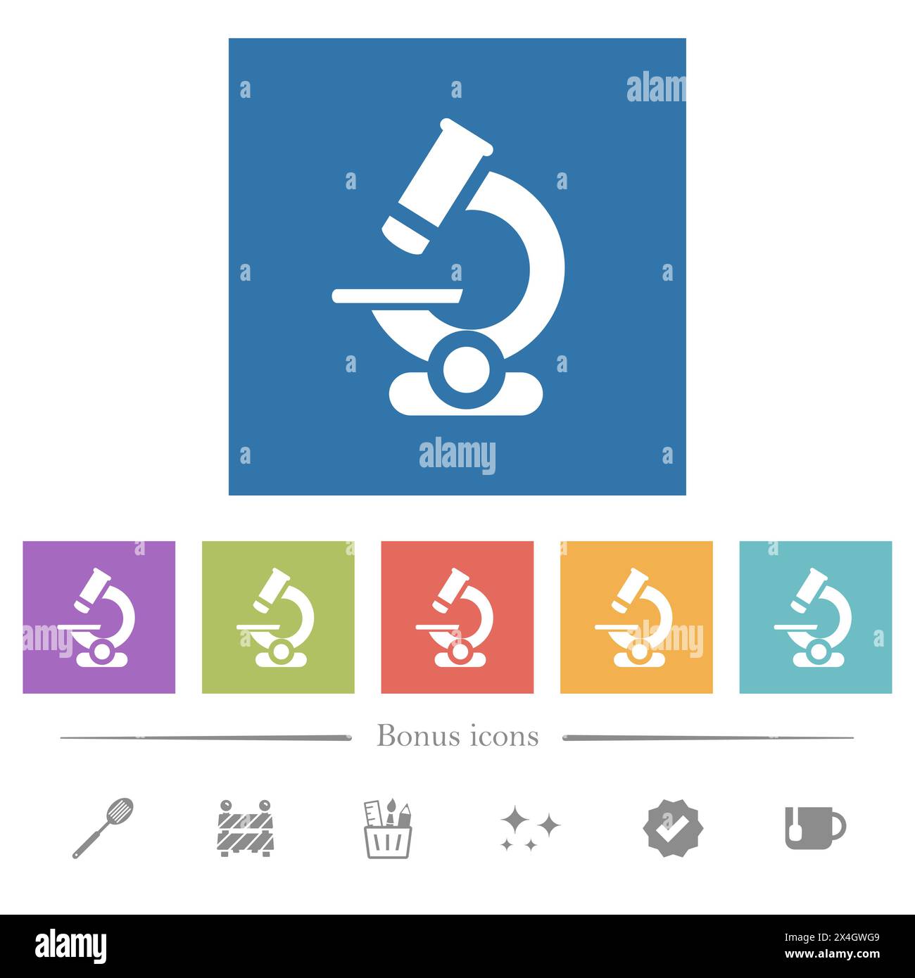 Microscope flat white icons in square backgrounds. 6 bonus icons ...