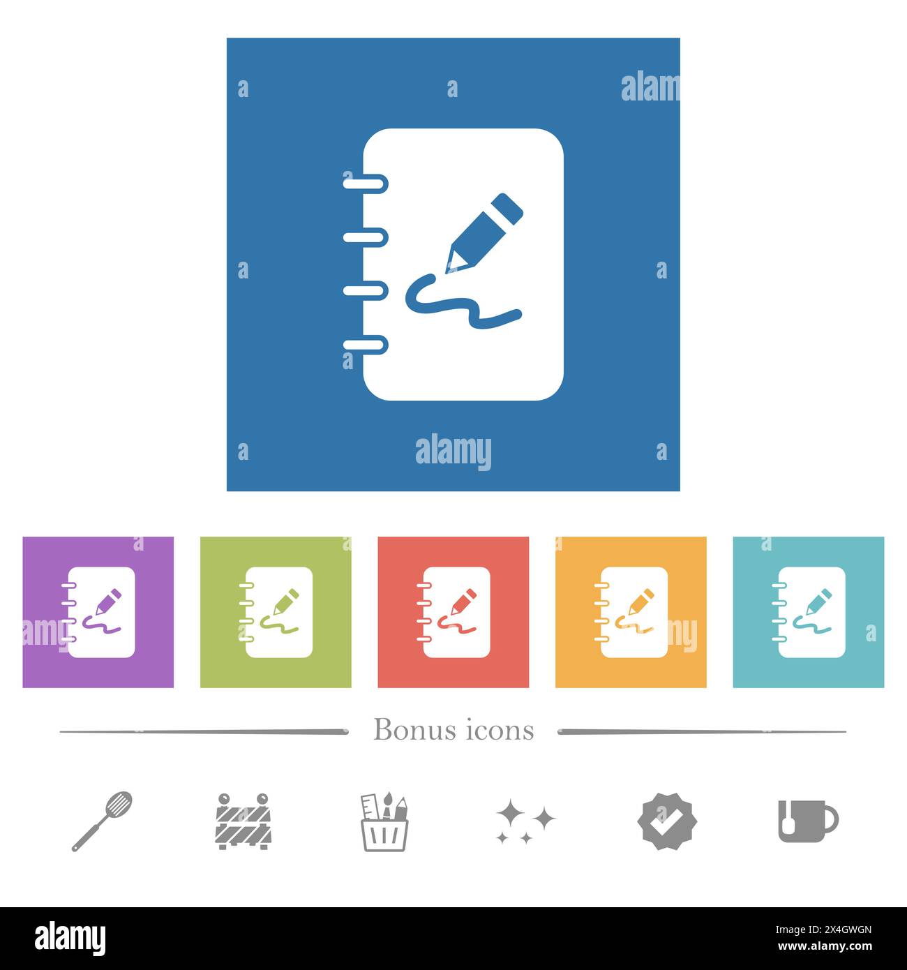 Spiral notepad with drawing solid flat white icons in square ...
