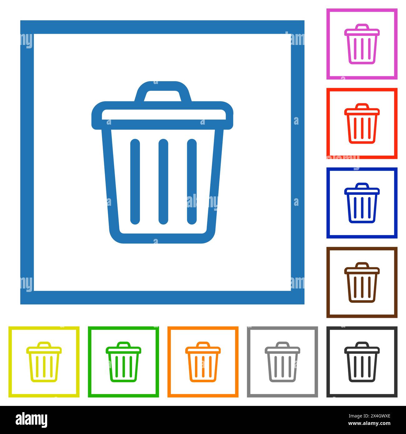 Trash outline flat color icons in square frames on white background ...