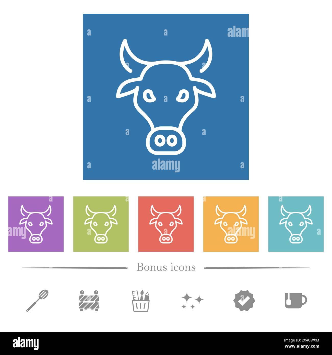 Cow head outline flat white icons in square backgrounds. 6 bonus icons ...
