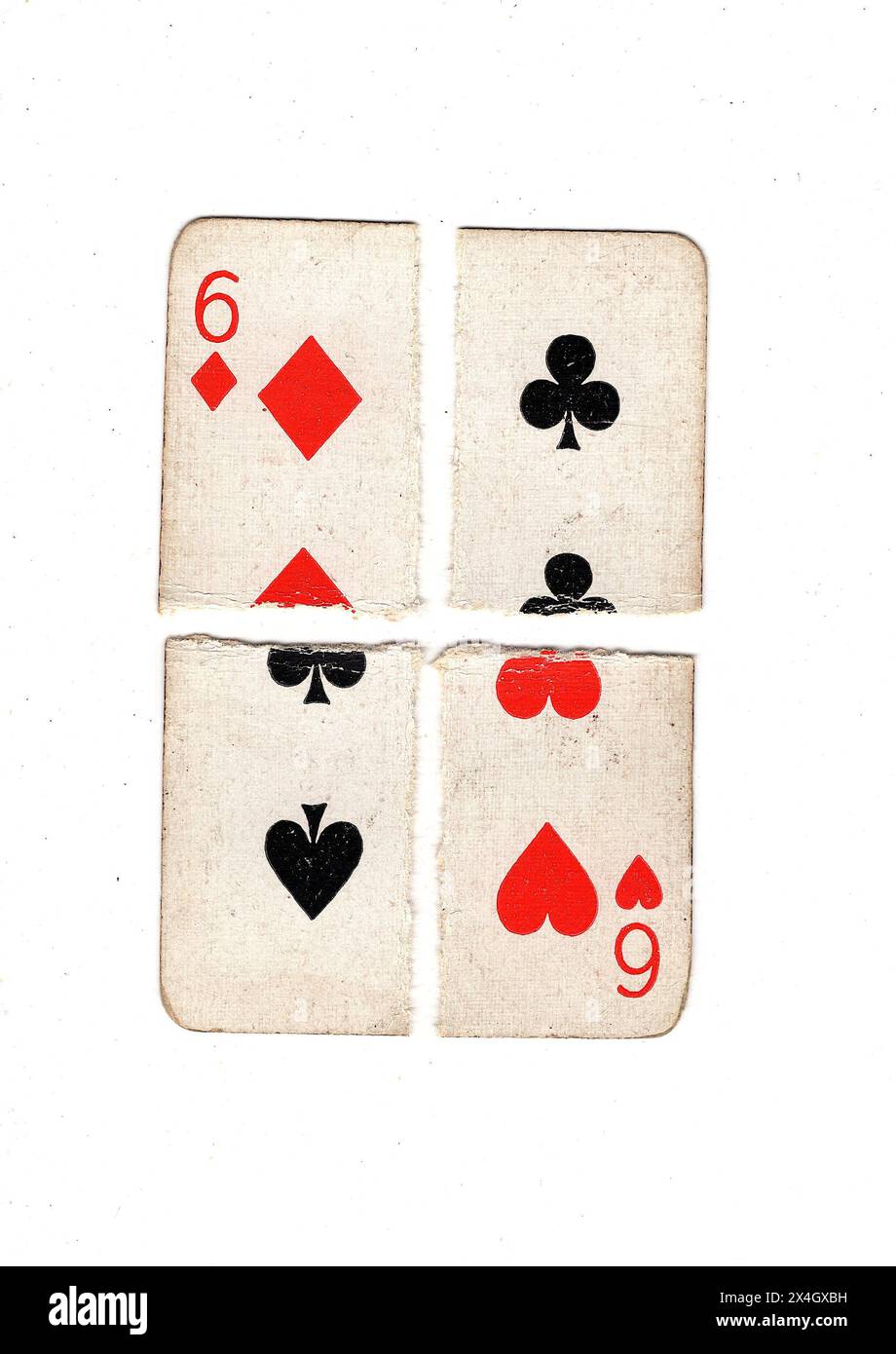 A vintage six playing card made up of torn quarters from four suits on ...
