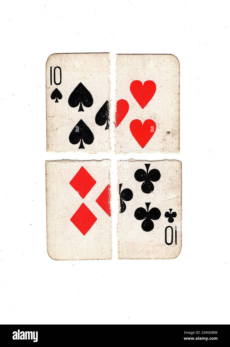 A vintage ten playing card made up of torn quarters from four suits on ...