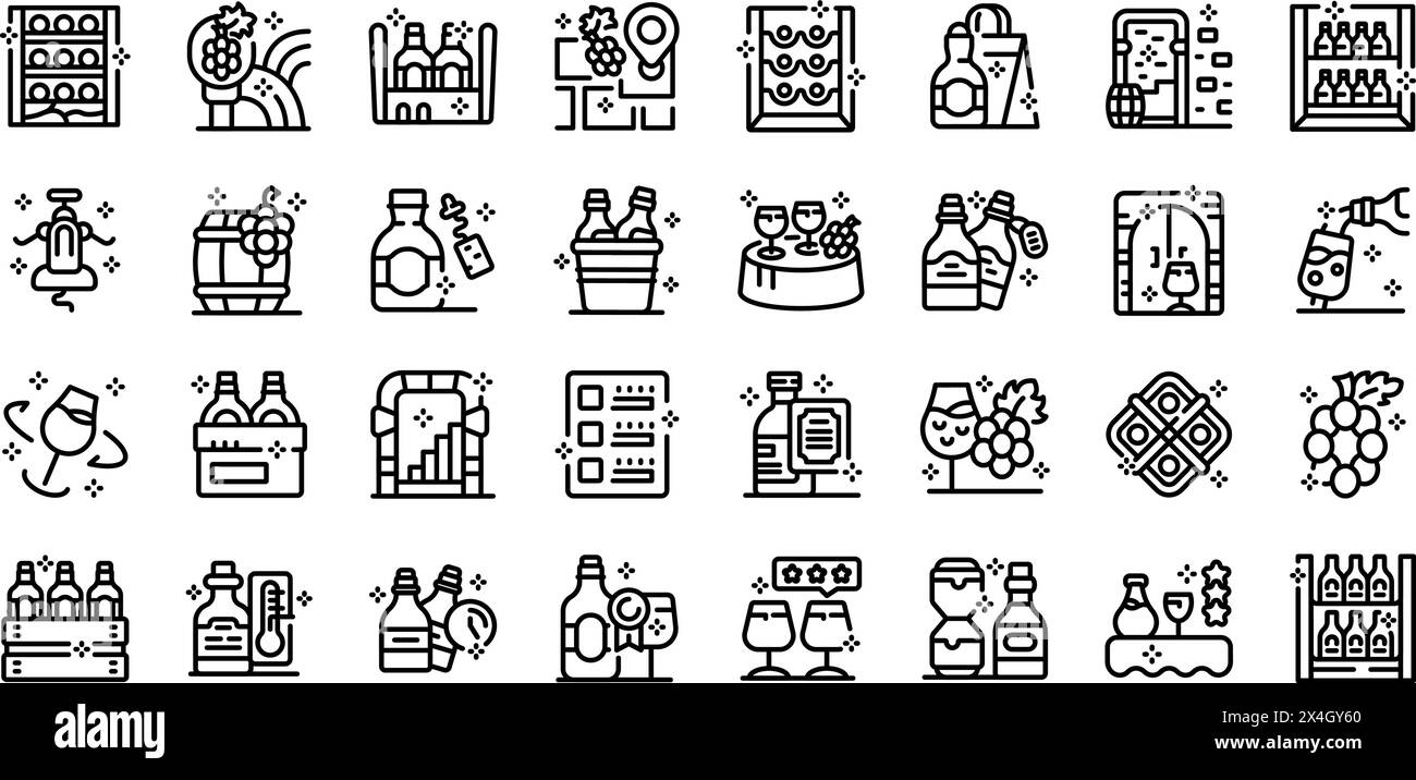 Wine cellar interior icons set outline vector. Wooden cask. Shelf rack ...