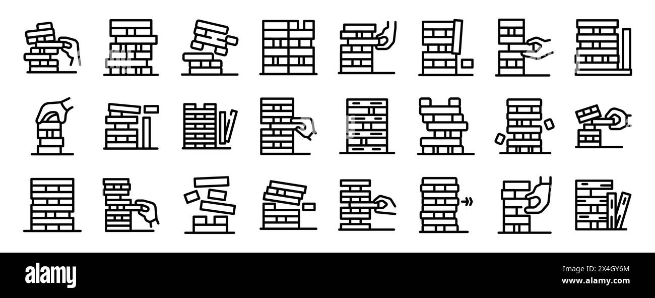 Wood stack balances game icons set outline vector. Hand tower. Risk ...