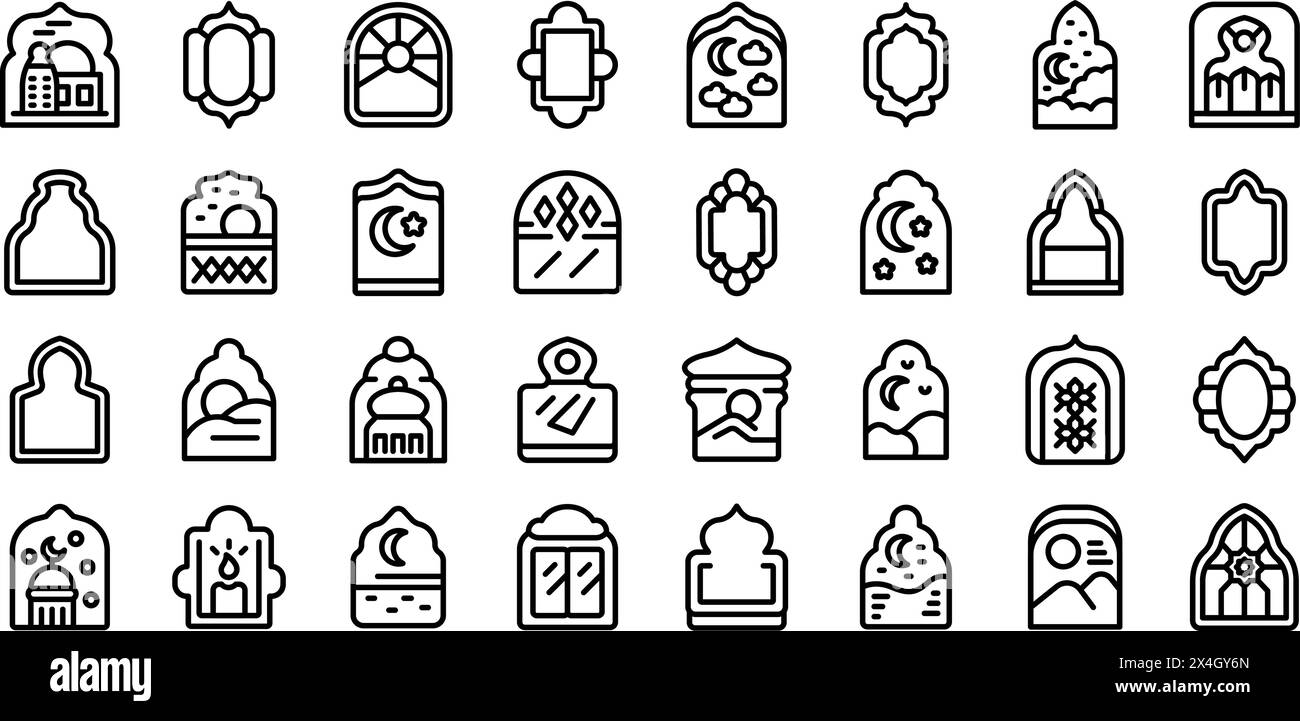 Shape islamic window icons set outline vector. Islam frame. Ramadan ...