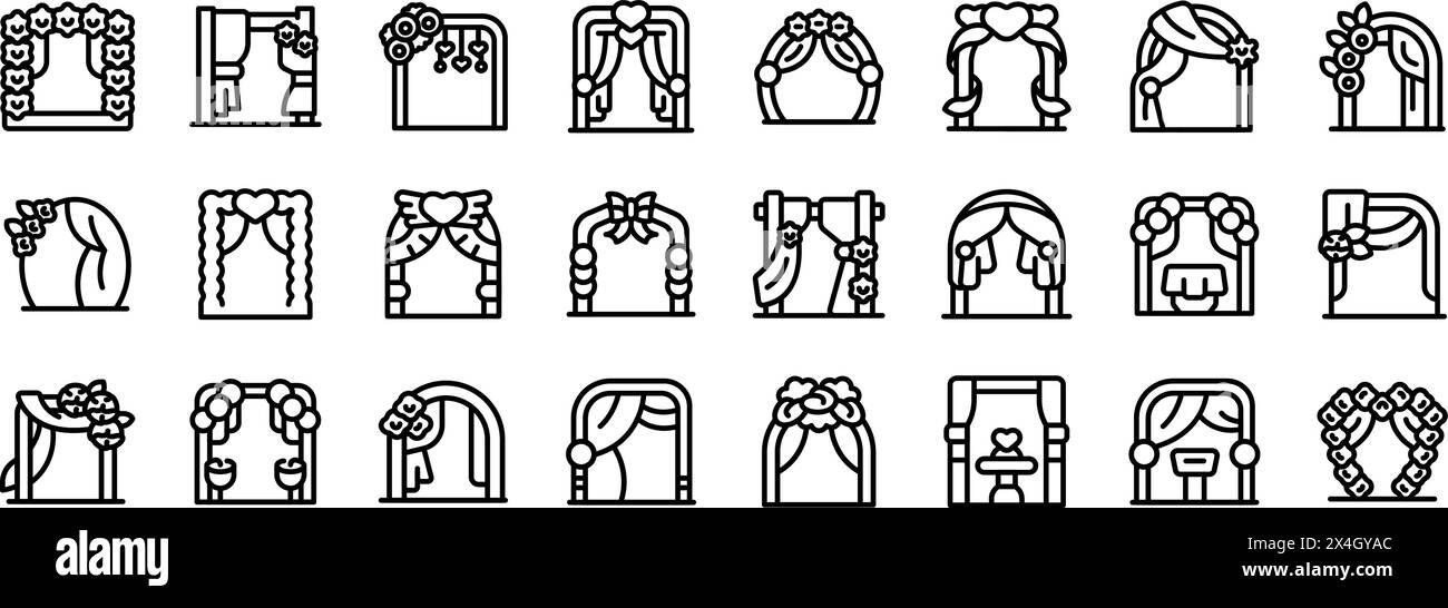 Romantic wedding arch icons set outline vector. Gate party. Heart event ...