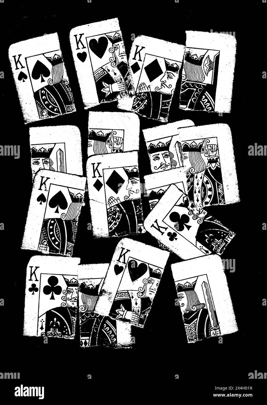 A montage of black and white playing cards featuring kings torn into ...