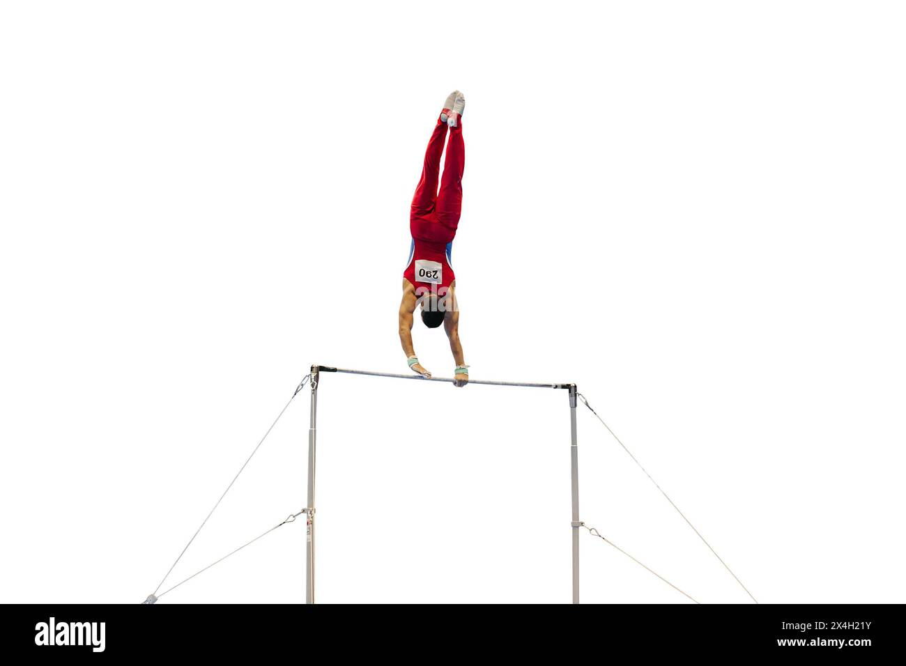 male gymnast exercising on horizontal bar, isolated on white background ...
