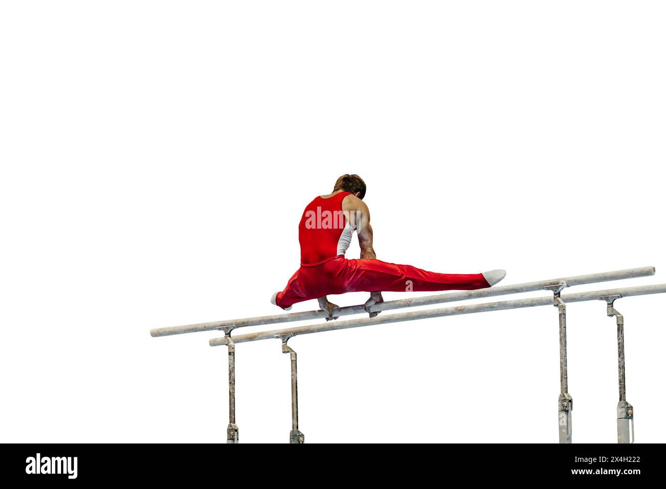 male gymnast exercising on parallel bars, isolated on white background ...