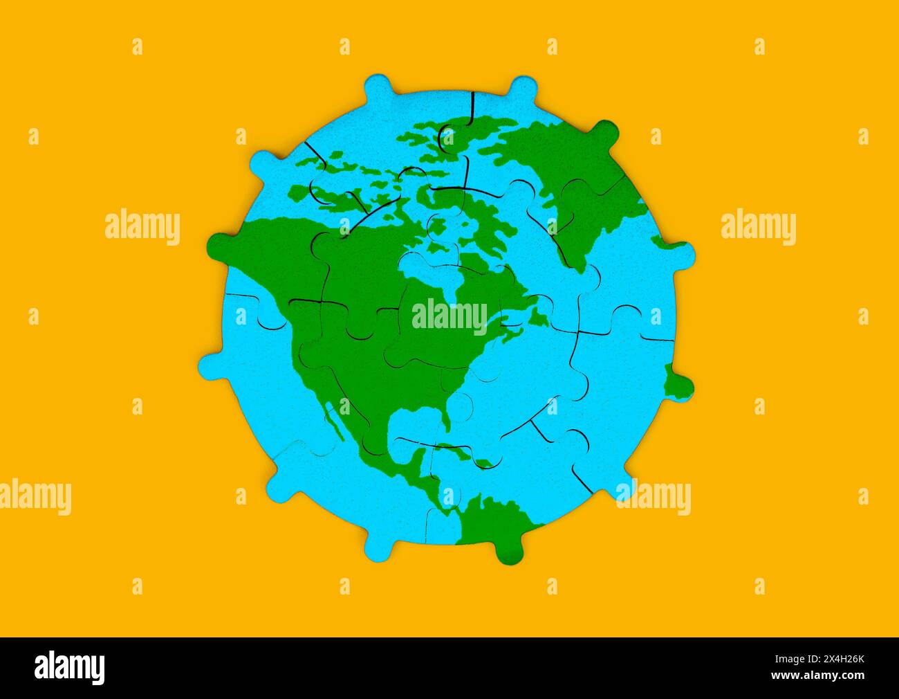 Gear-shaped jigsaw puzzle depicting the green North American continent ...