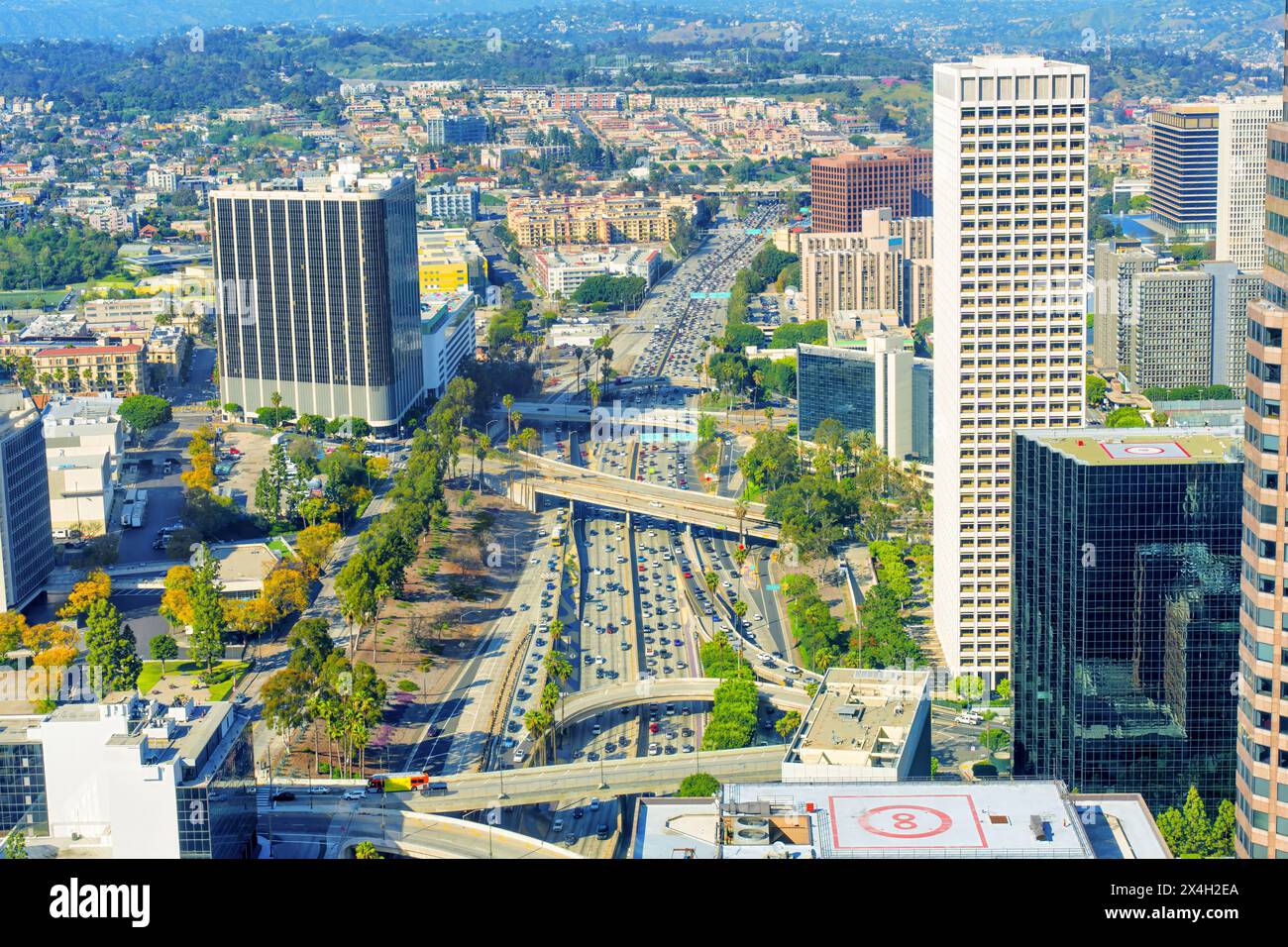 Aerial view of downtown Los Angeles from a skyscraper vantage point ...