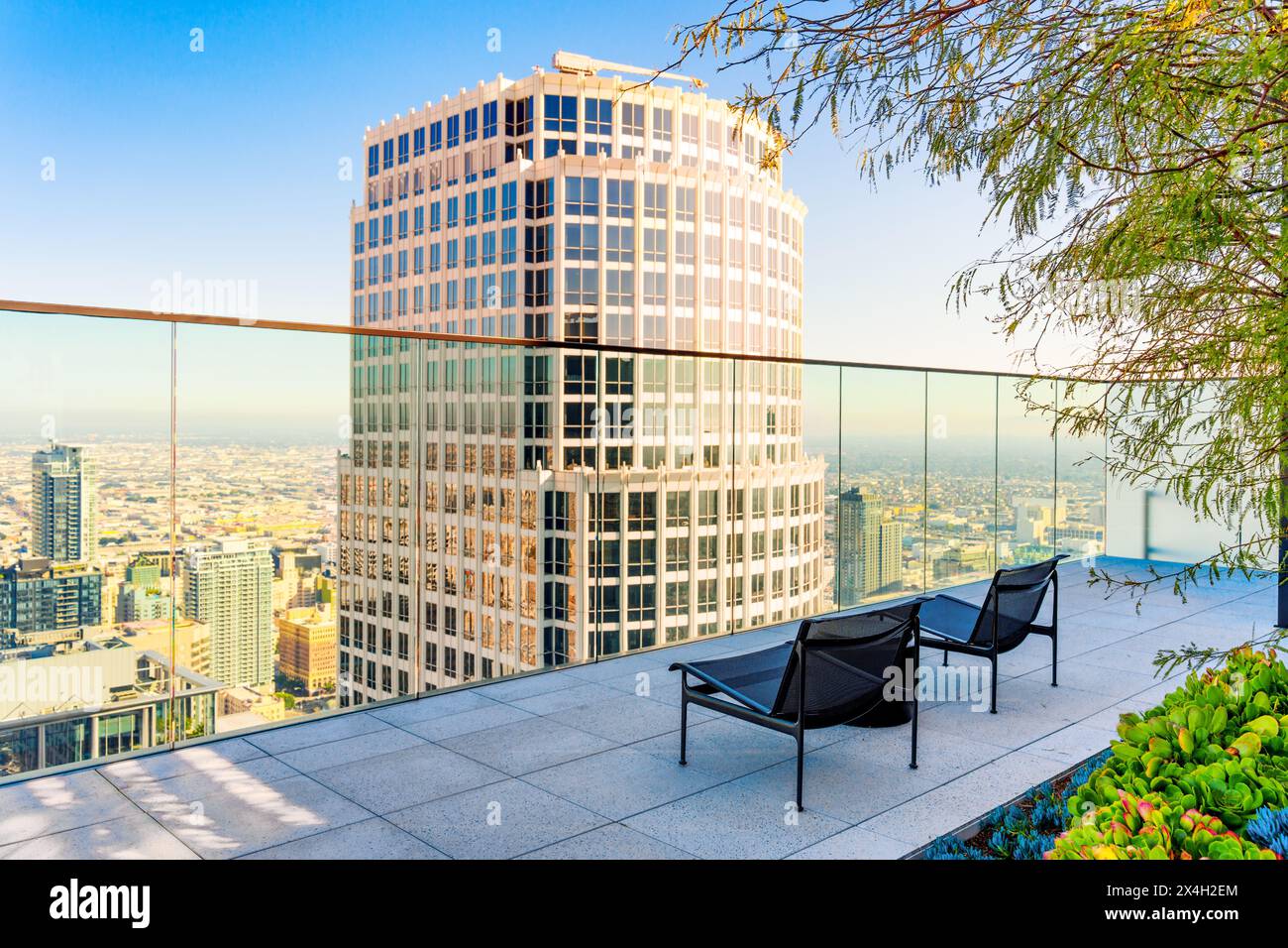 Elevated view of the top floors of the iconic skyscraper in downtown ...