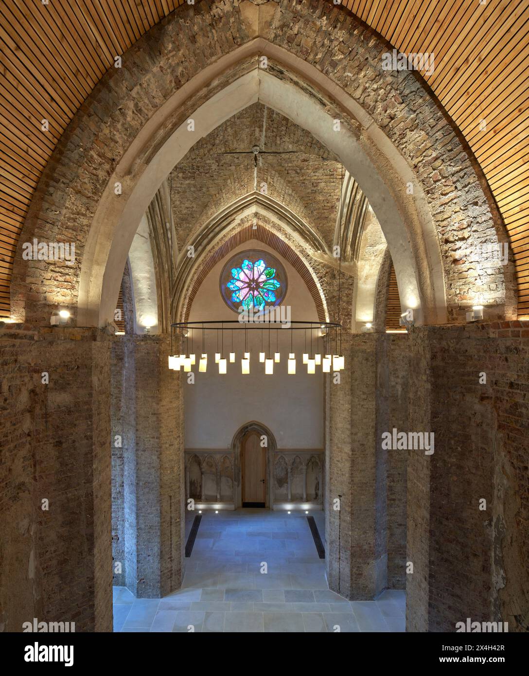 Interior elevation with Gothic arches and chandelier. Abney Park Chapel ...