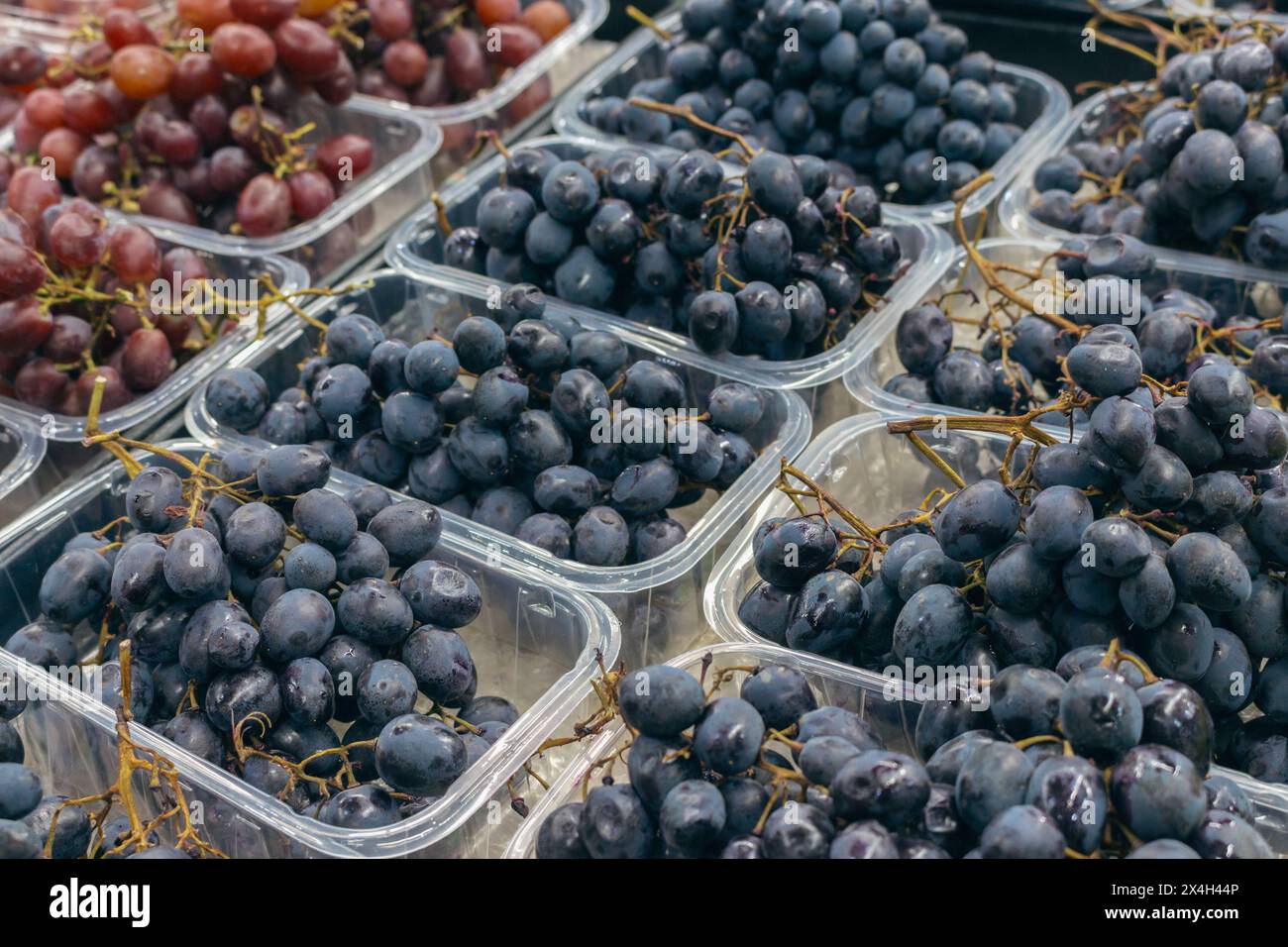 Variety of grapes on market stall. Different sorts of grapes. Heap of ...
