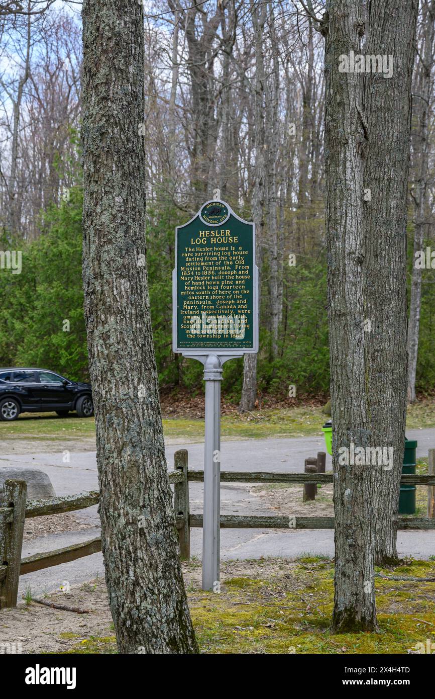 The sign for the Hesler Log House, an 1850's log house located at the ...
