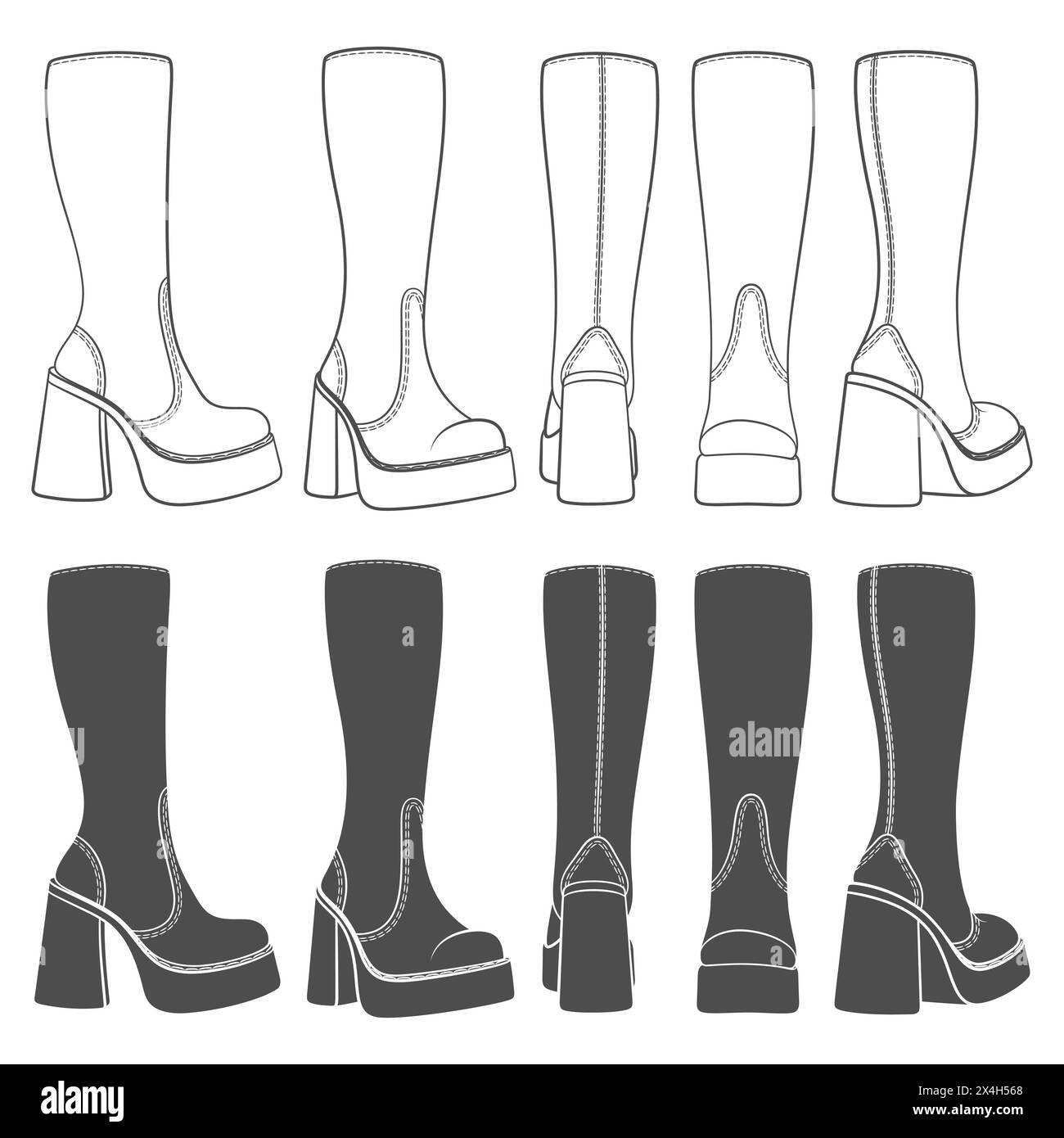 Set of black and white retro women's boots. Isolated vector objects on ...