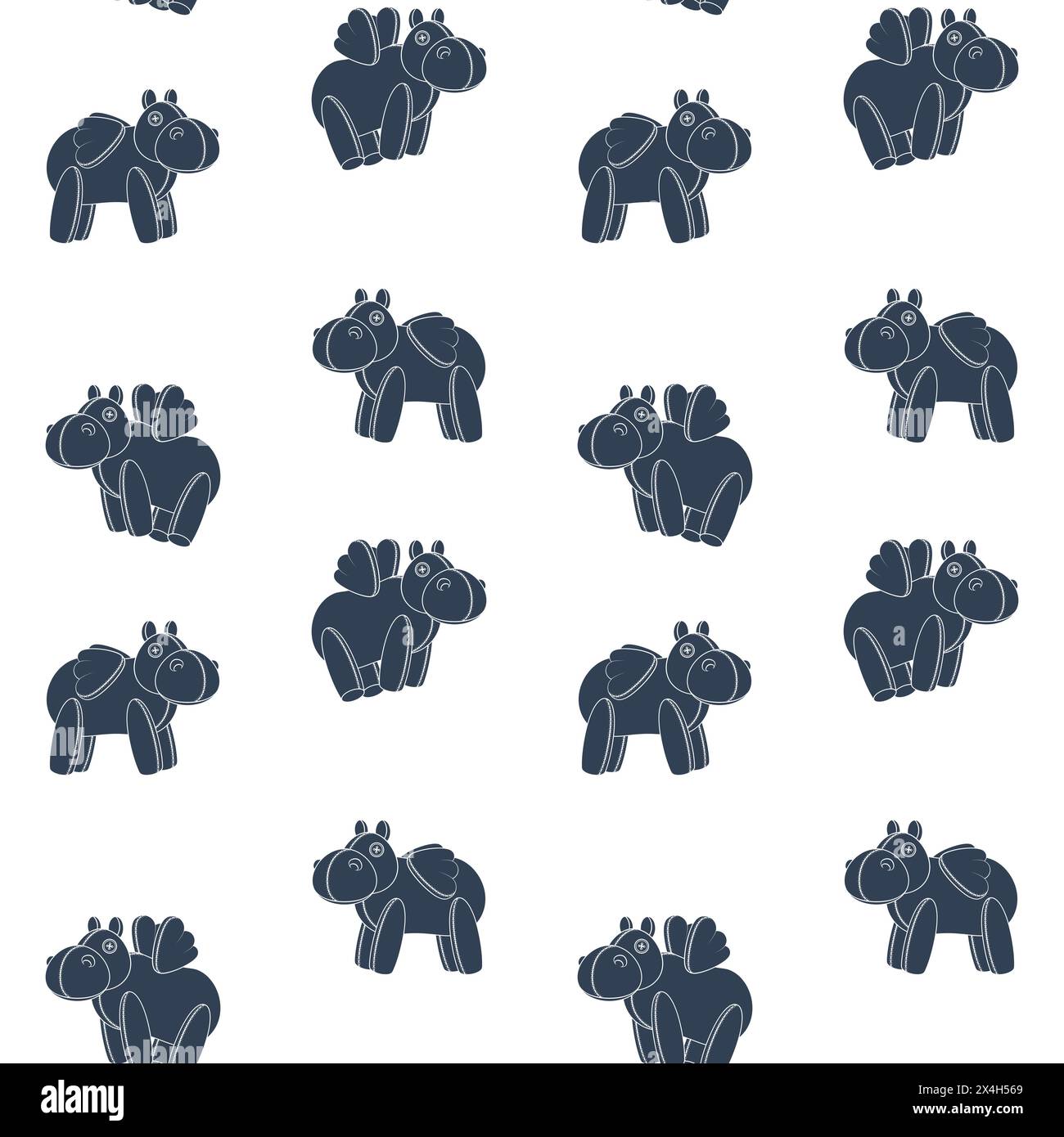 Seamless pattern with toy hippo with wings. Black and white vector ...