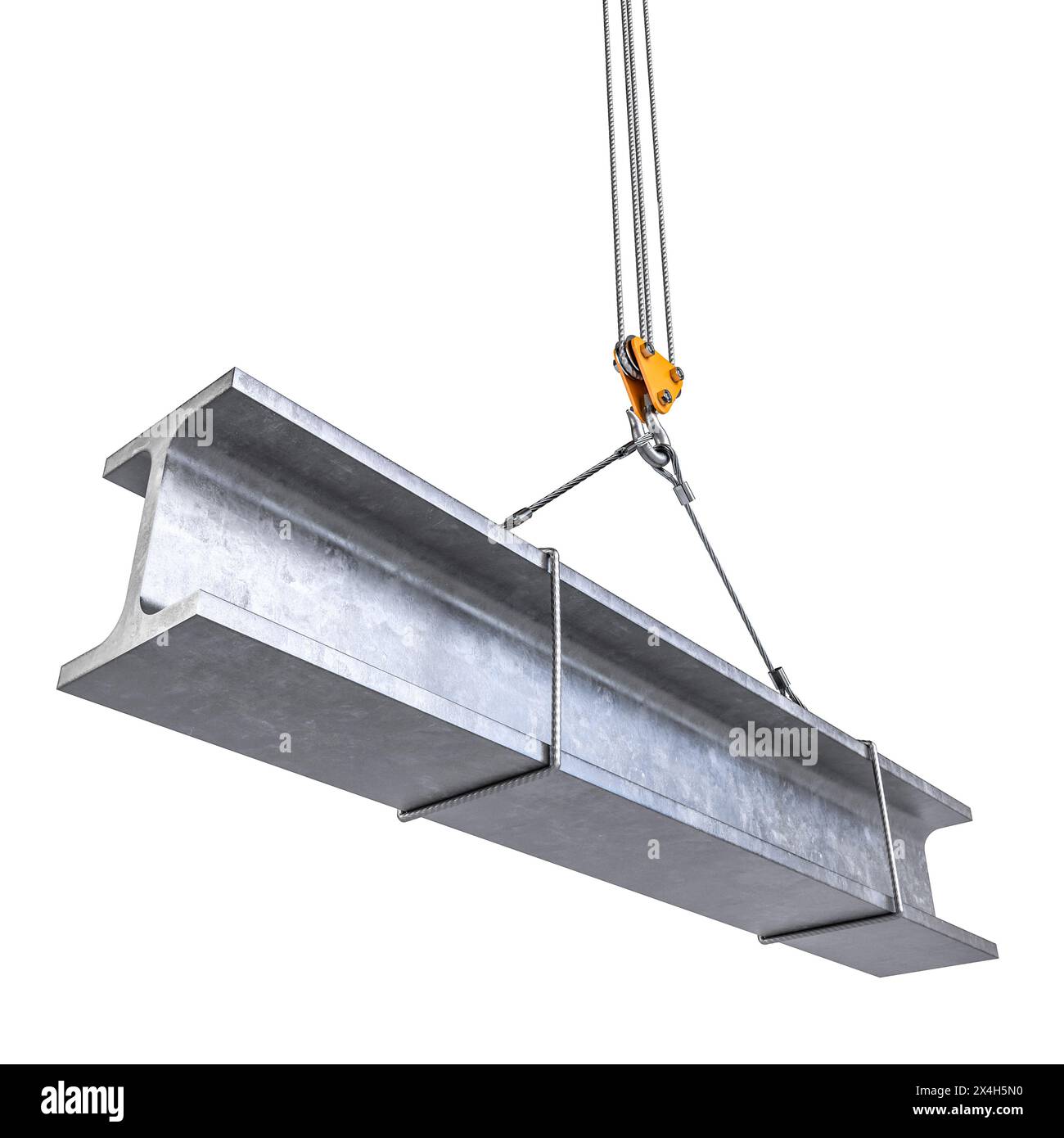 Heavy steel beam suspended by a crane, isolated on white background. 3d ...