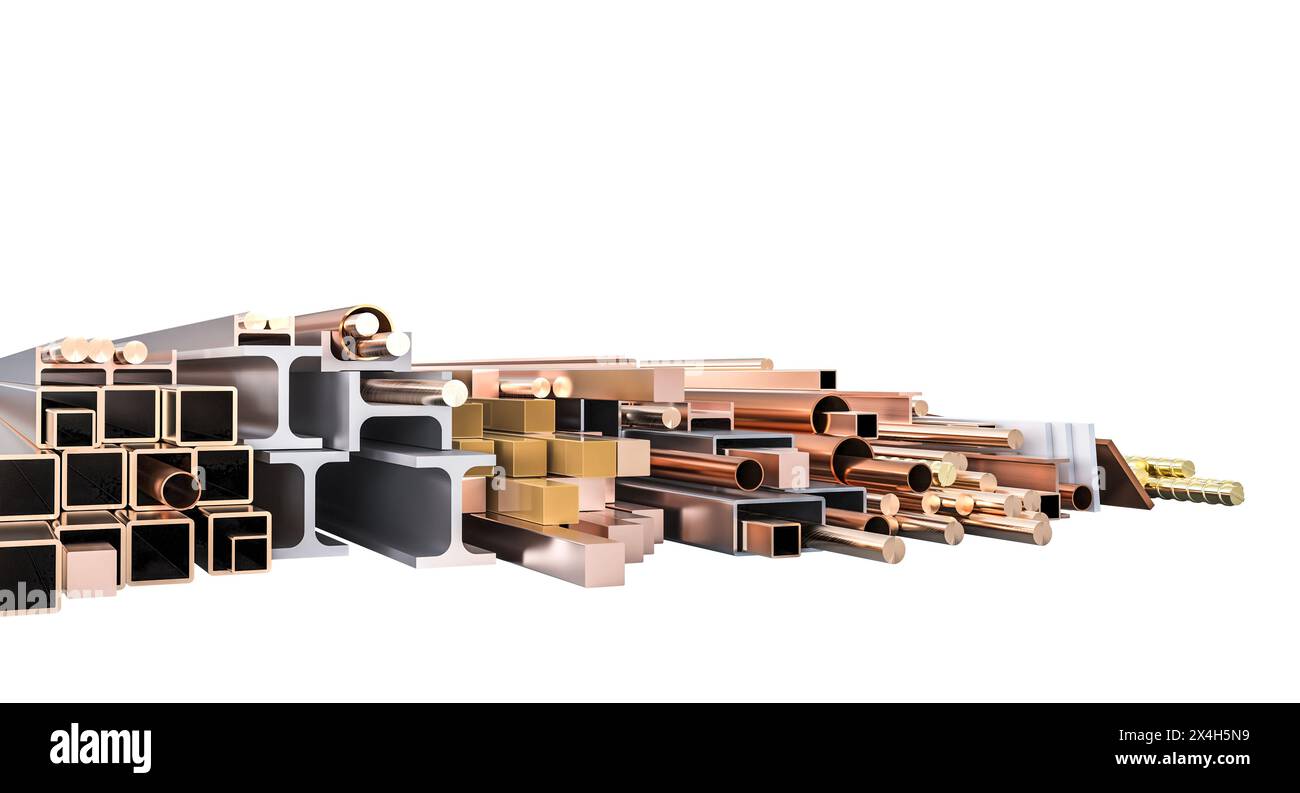 Collection of various metal pipes and profiles, including steel and ...