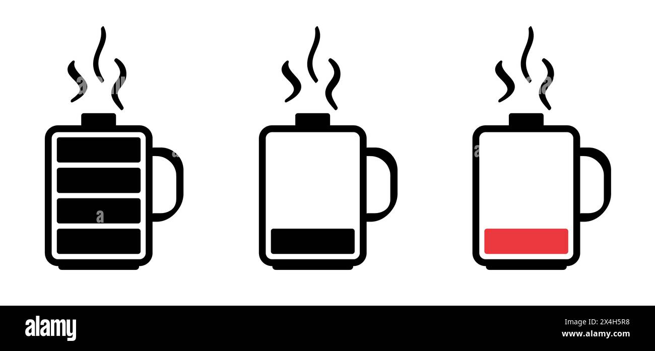 Hot coffee charge, loading indicator. Mug with battery charge. Coffee a ...