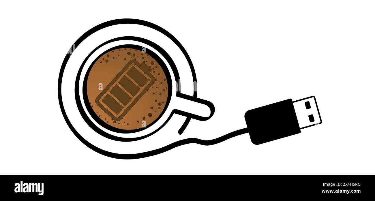 Hot coffee charge, loading indicator. Mug with battery charge. Coffee a ...