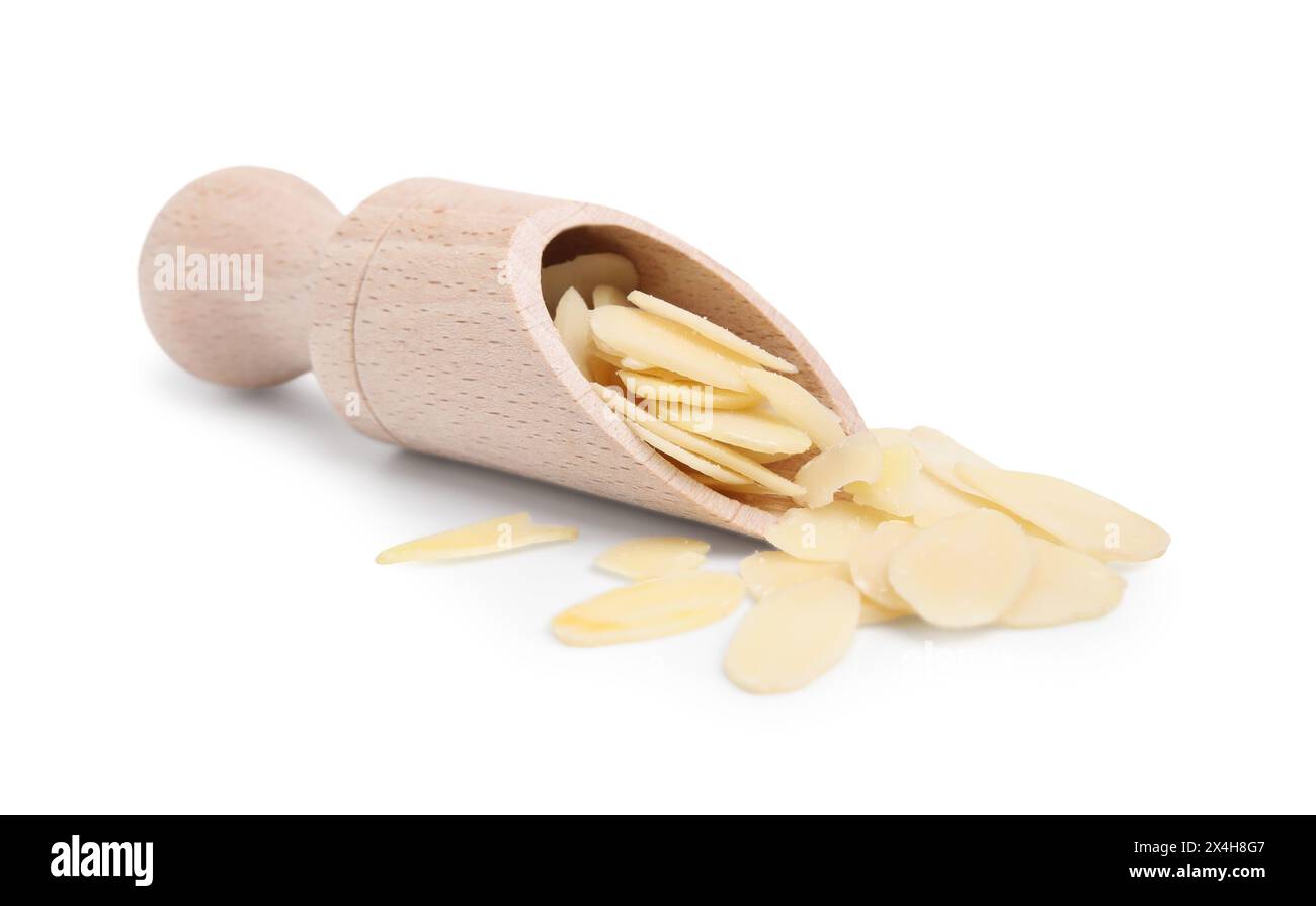 Fresh almond flakes and scoop isolated on white Stock Photo - Alamy