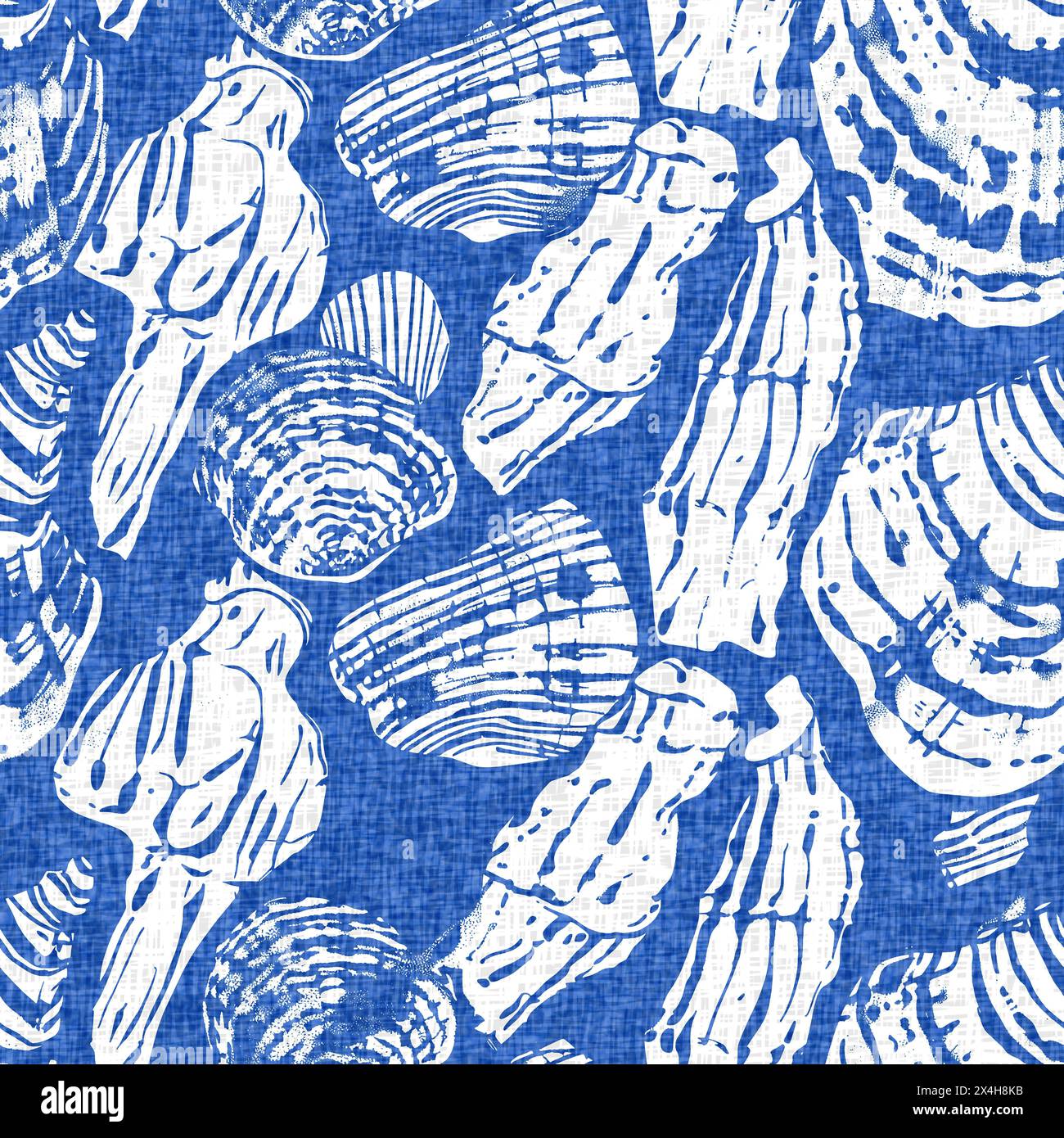 Azure blue white shell motif with linen seamless batik background ...