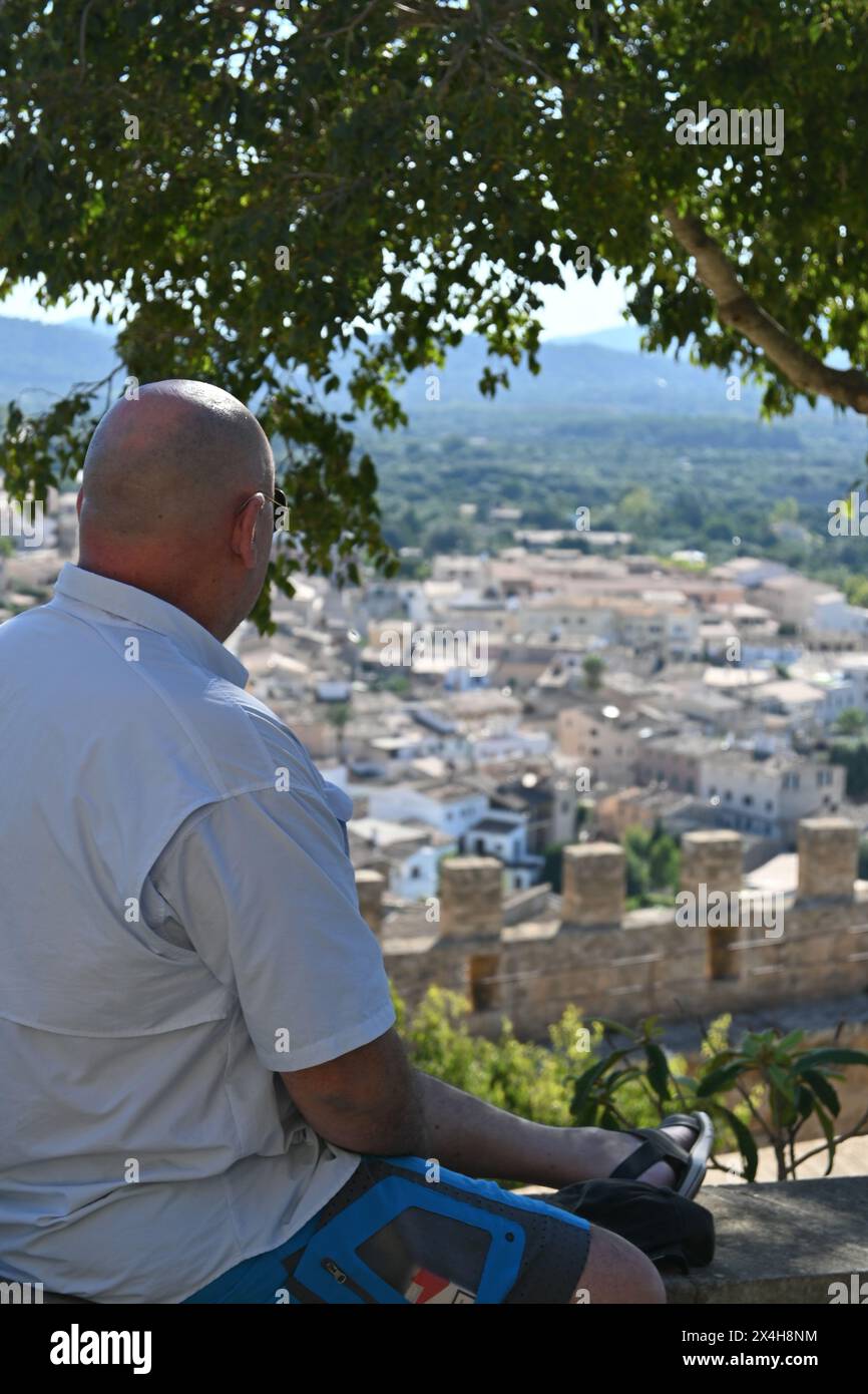man sitting under a tree, overlooking a sprawling town from a high ...