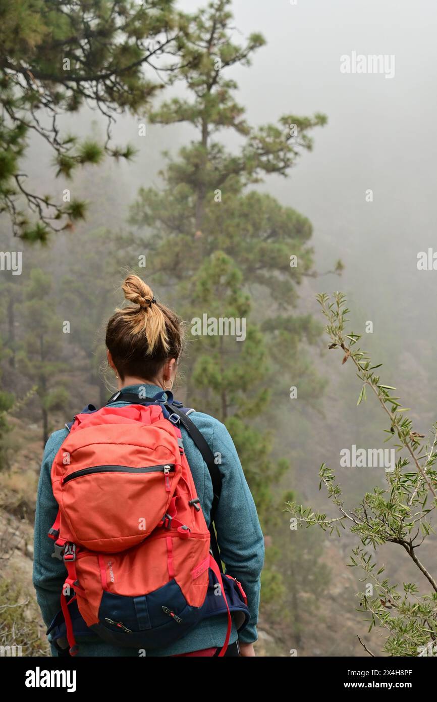 braving the mist: blonde woman with a backpack traversing a mountainous ...