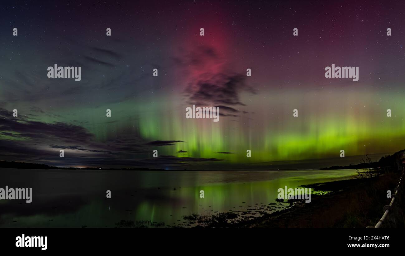 Northern Lights and reflections over Budle Bay, Northumberland Coast ...