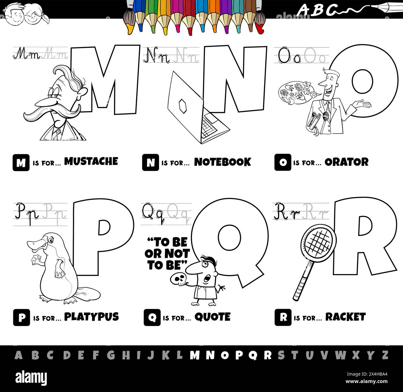 Black and white cartoon illustration of capital letters from alphabet ...