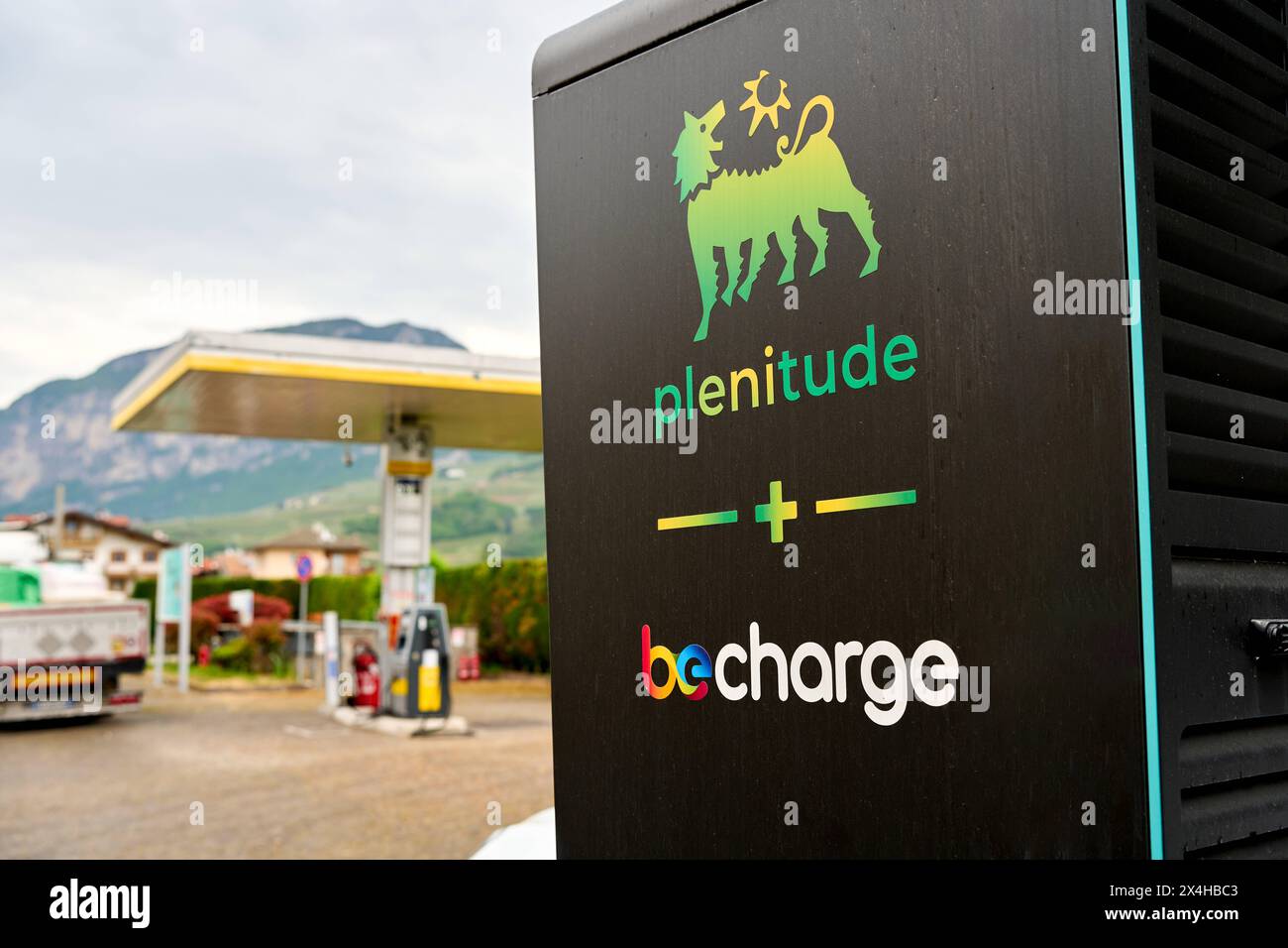 Italy - 01 May : Plenitude BeCharge charging station in a parking lot ...