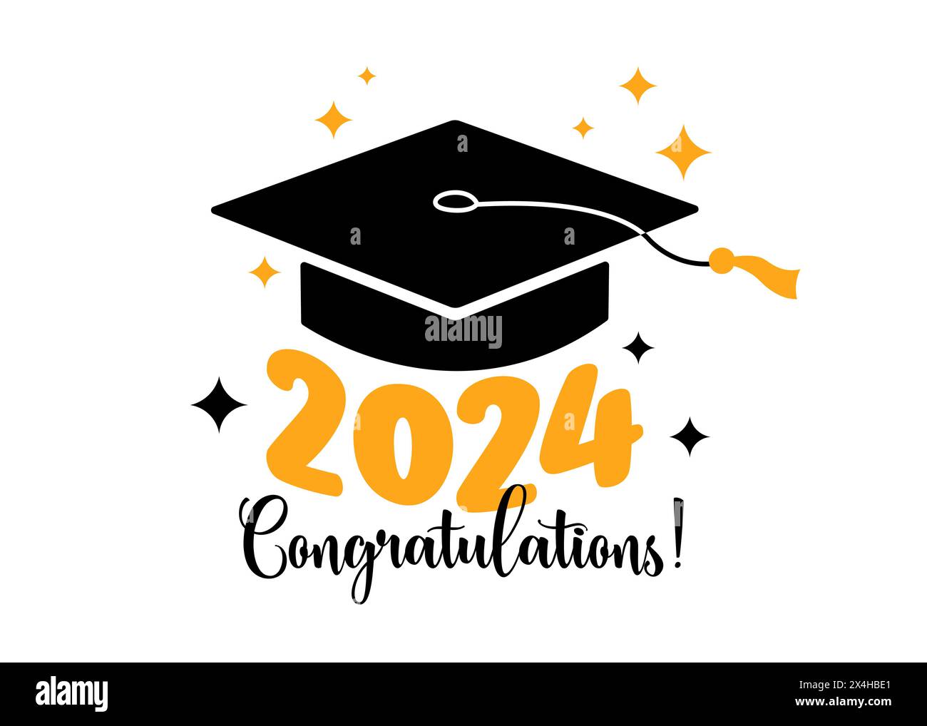 Graduation 2024 greeting card. Congratulations text. Vector flat illustration. Black color ...