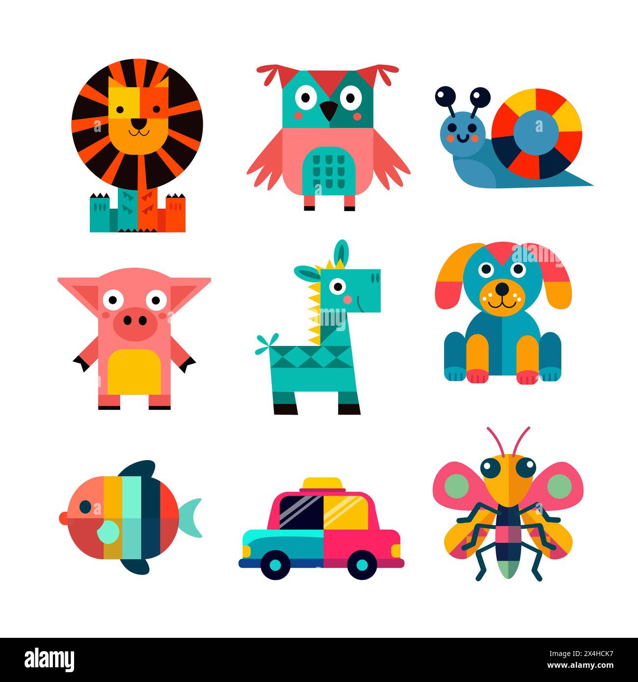 Set of cartoon objects made of geometric shapes isolated on white ...