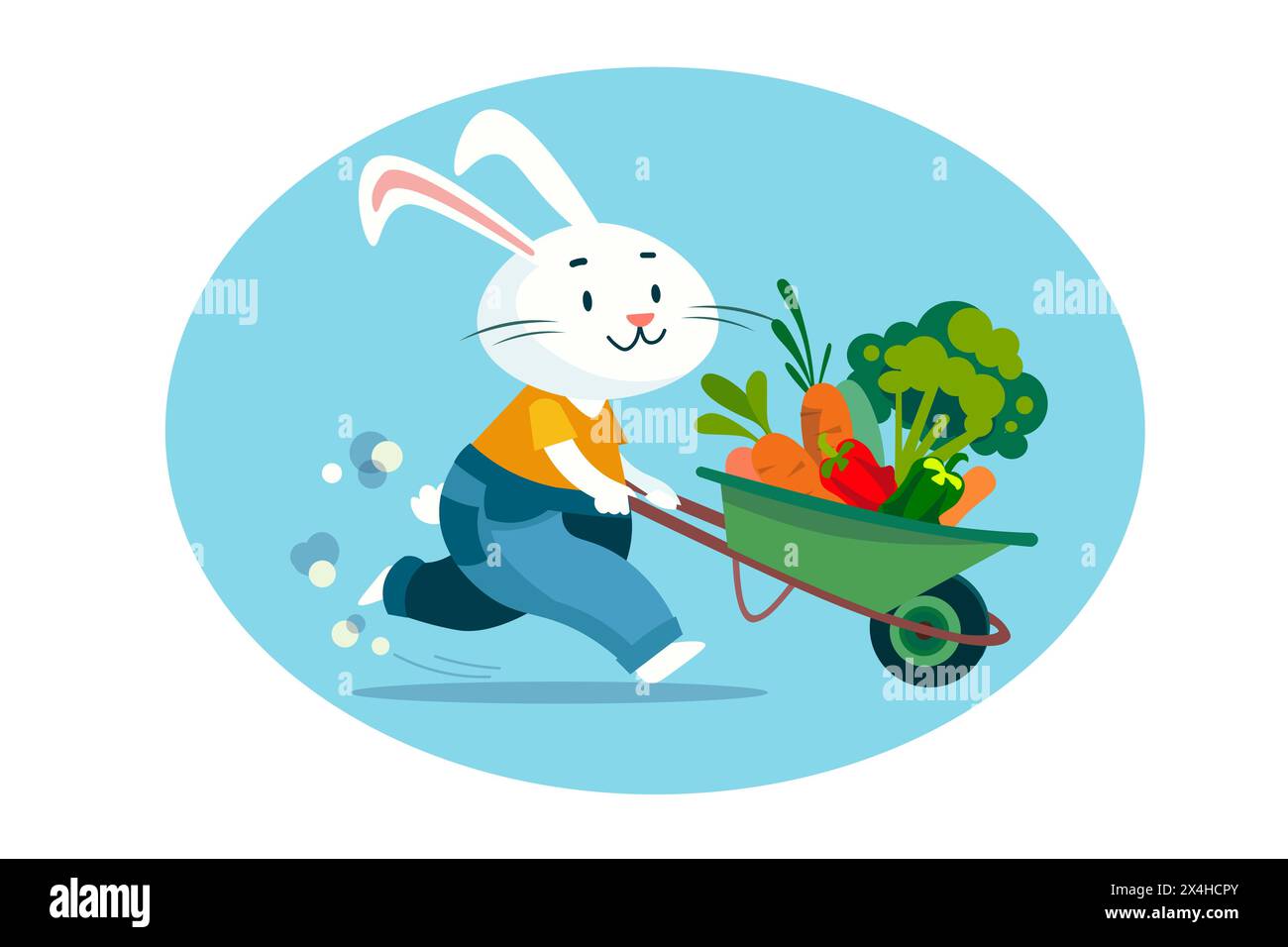 Cute flat cartoon rabbit with vegetables in wheelbarrow. Farm and ...