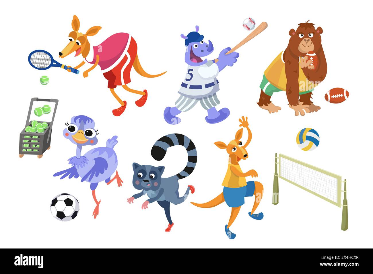 Set cute animals playing sports. Balls, rackets, nets. Vector cartoon ...