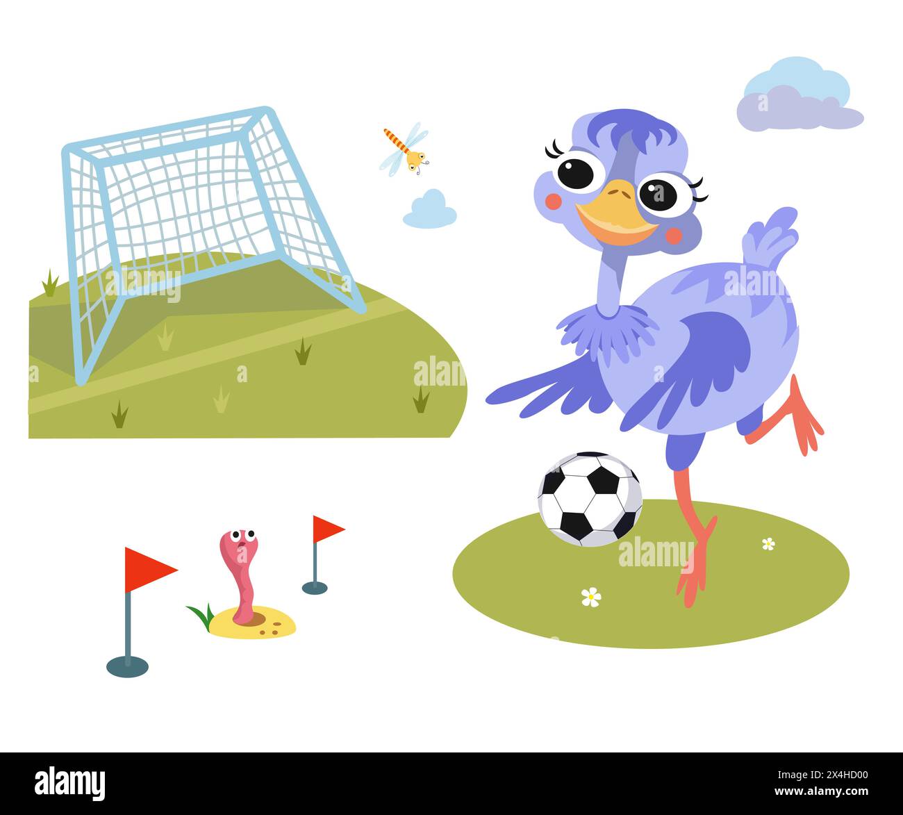 Cute ostrich playing football. Sports ball and goal. Vector cartoon ...