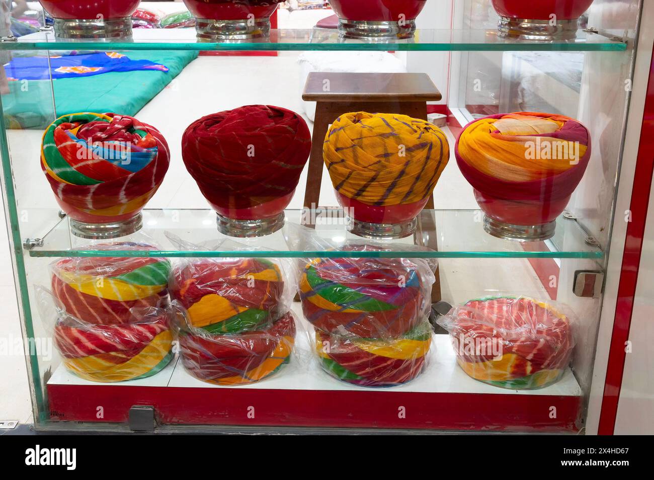 Display of modern turbans, headwear based on cloth winding with many ...