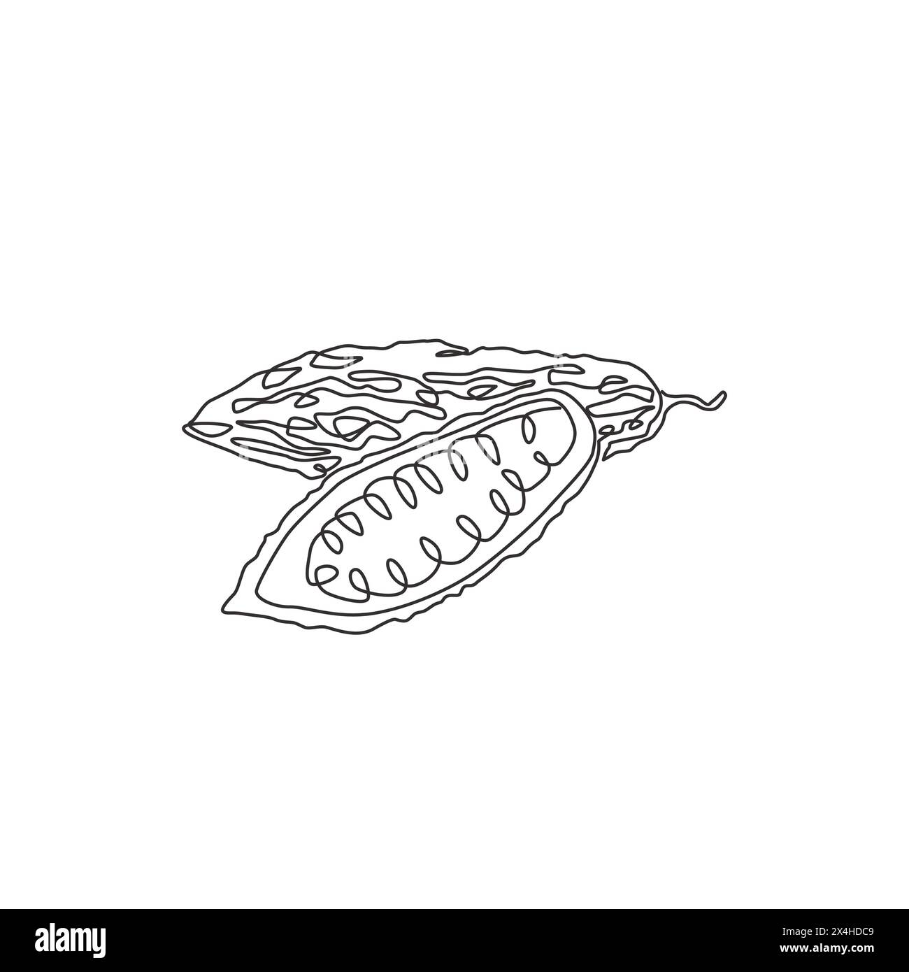 Single continuous line drawing of whole and sliced healthy organic bitter gourd for garden logo ...