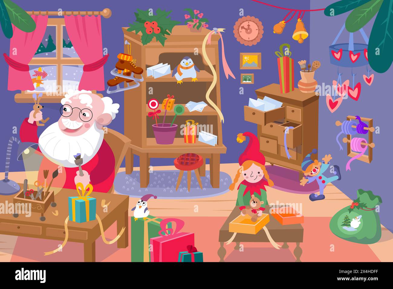 Cute Santa and Elf makes gifts for children. Santa Claus' workshop with ...